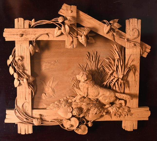Haut relief sculpté en bois tendre de scène animalière, XIXe siècle ...